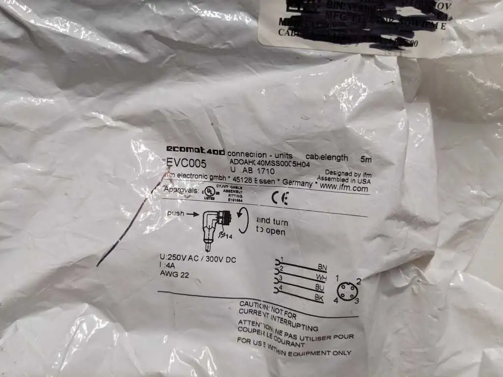 IFM Efector EVC005 Cordset 5m Black 4 Pin Female 4 Wire 22AWG – NEO Surplus